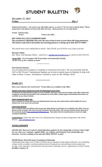 STUDENT BULLETIN - Burnaby Central Secondary School
