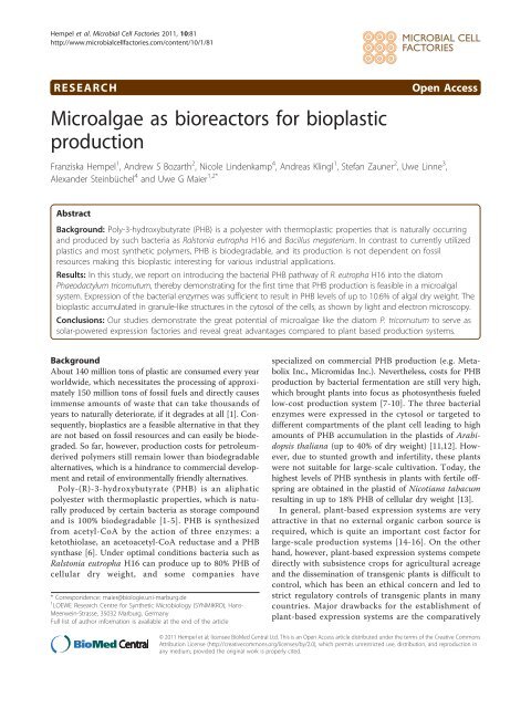 Microalgae as bioreactors for bioplastic production - Microbial Cell ...
