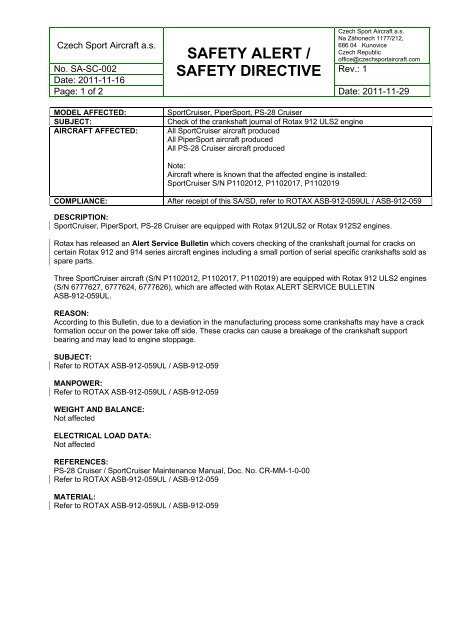 SAFETY ALERT / SAFETY DIRECTIVE - Czech Sport Aircraft