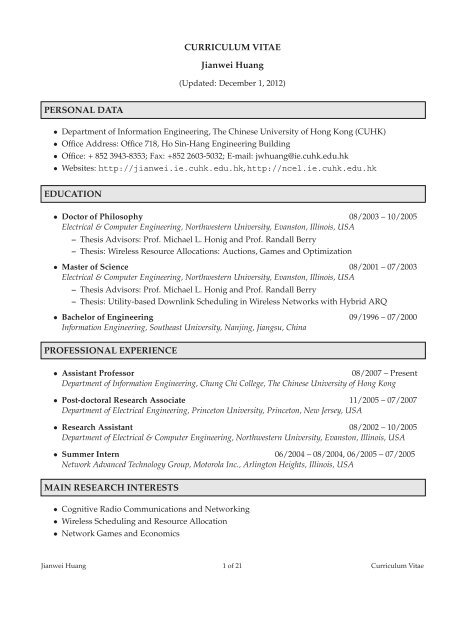 CV - Jianwei Huang - The Chinese University of Hong Kong
