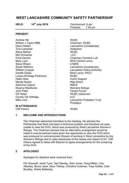 WEST LANCASHIRE COMMUNITY SAFETY PARTNERSHIP