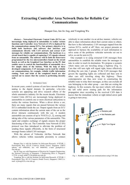 Extracting Controller Area Network Data for Reliable Car ... - A*Star