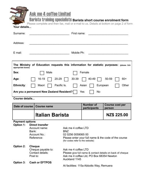 specialistsBarista short course enrolment form - Ask Me 4 Coffee