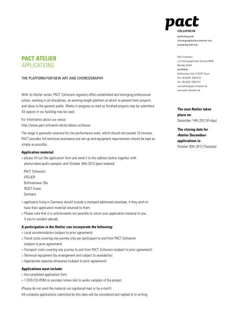 APPliCATion Form For PACT ATelier - PACT Zollverein