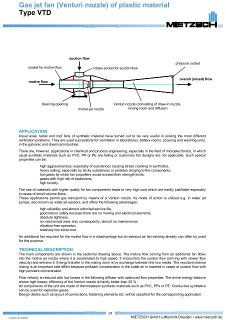 Gas jet fan (Venturi nozzle) of plastic material Type VTD
