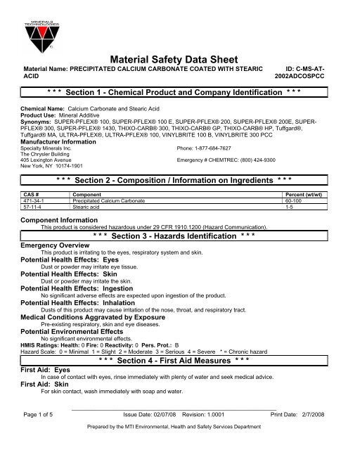 Material Safety Data Sheet - Minerals Technologies