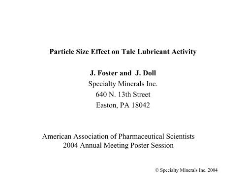 Talc Lubricant Activity - Minerals Technologies