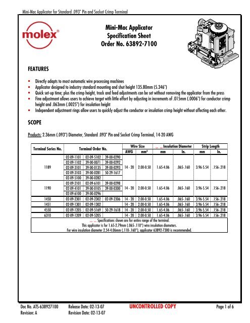 Mini-Mac Applicator Specification Sheet Order No. 63892 ... - Molex