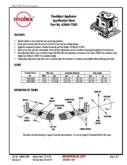 FineAdjust Applicator Specification Sheet Part No. 63860 ... - Molex