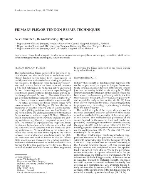 PRIMARY FLEXOR TENDON REPAIR TECHNIQUES