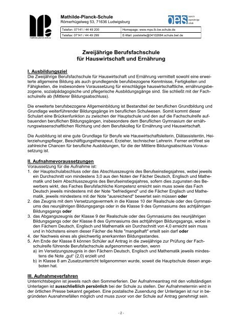 Zweijährige Berufsfachschule für Hauswirtschaft und Ernährung Zweijährige Berufsfachschule für Hauswirtschaft und Ernährung