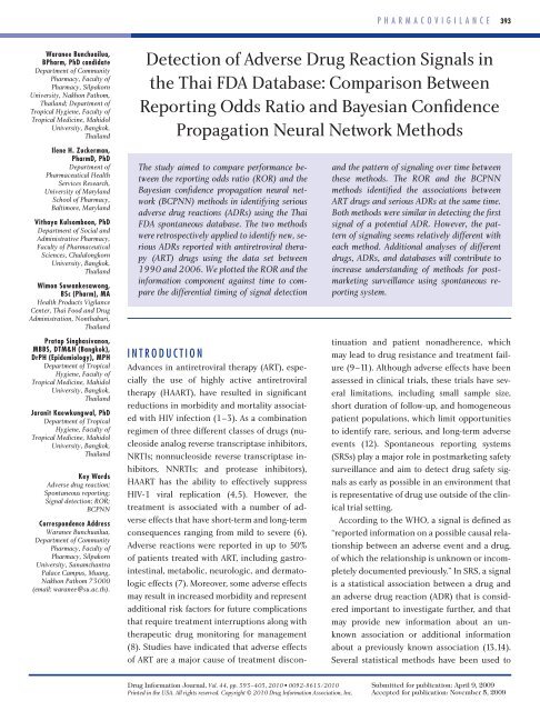 Detection Of Adverse Drug Reaction Signals In The Thai Fda Database