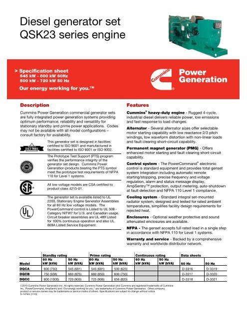 Diesel generator set QSK23 series engine - Cummins Inc.