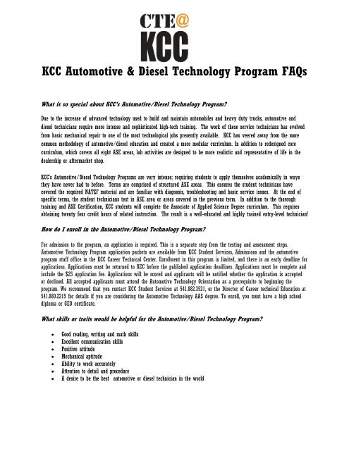 KCC Automotive & Diesel Technology Program FAQs - Klamath ...