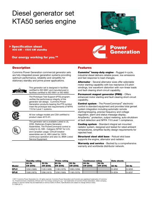 Diesel generator set KTA50 series engine - Cummins Inc.