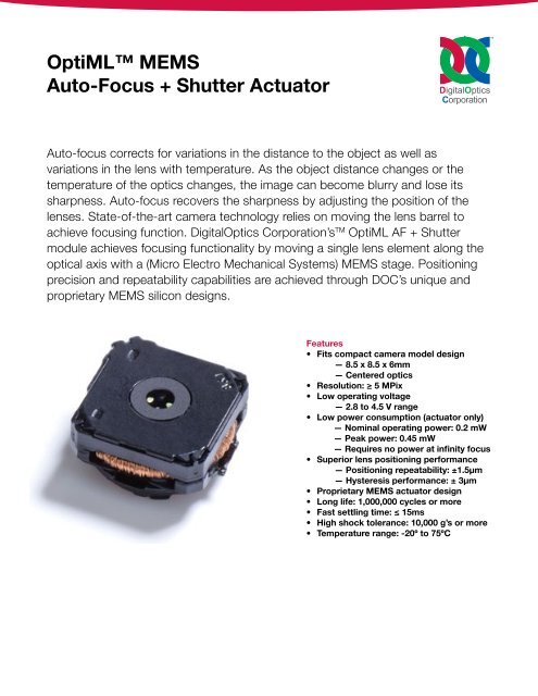 OptiML™ MEMS Auto-Focus + Shutter Actuator