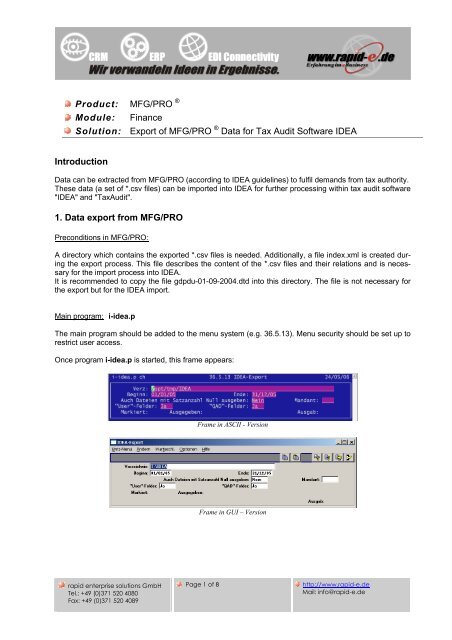 1. Data export from MFG/PRO - bei rapid-e!