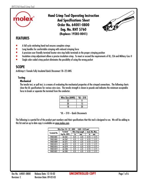 Hand Crimp Tool Specification Sheet