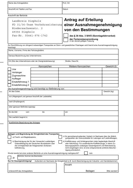 Antrag auf Erteilung einer Ausnahmegenehmigung von den ...