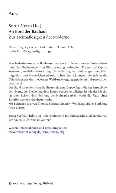 Sonja Neef (Hg.) An Bord der Bauhaus Zur ... - transcript Verlag