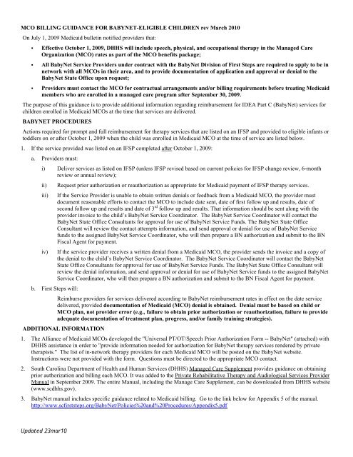 MCO BILLING GUIDANCE FOR BABYNET ... - SC First Steps