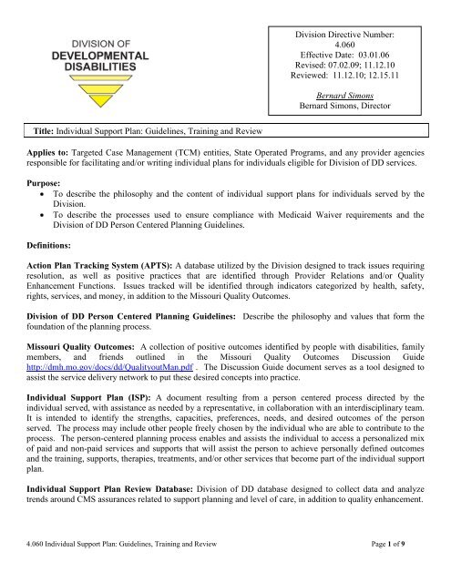 Individual Support Plan - Missouri Department of Mental Health