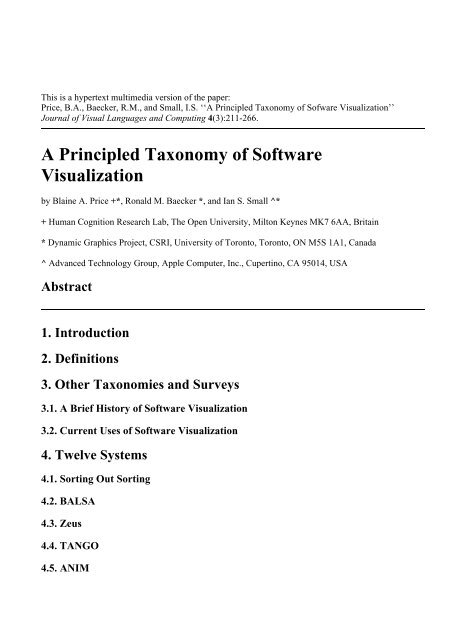 A Principled Taxonomy of Software Visualization - CiteSeerX