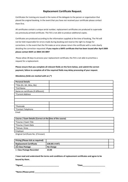 Replacement Certificate Re Form Fire Industry Association