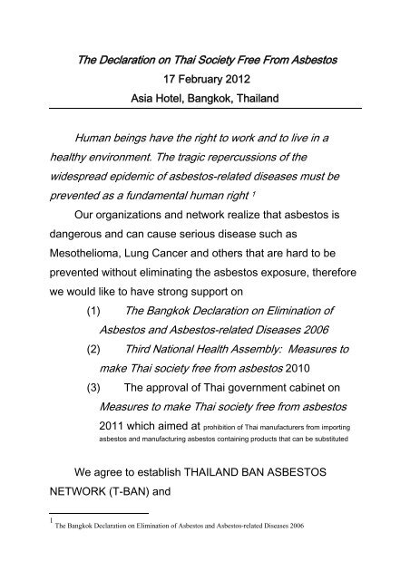 Declaration to Make Thailand Asbestos-Free - International Ban ...
