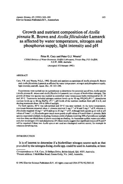 Growth and nutrient composition of Azolla pinnata R. Brown and ...