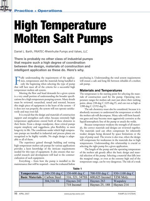 High Temperature Molten Salt Pumps