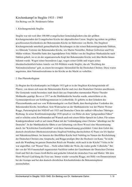 Kirchenkampf in Steglitz 1933 - 1945 - Evangelischen Markus ...