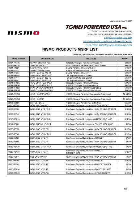 NISMO PRODUCTS MSRP LIST - Tomei