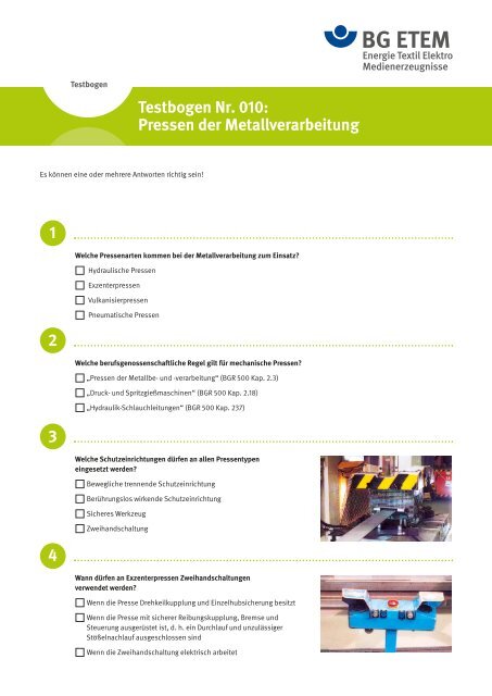 Testbogen Nr. 010: Pressen der Metallverarbeitung - Die BG ETEM