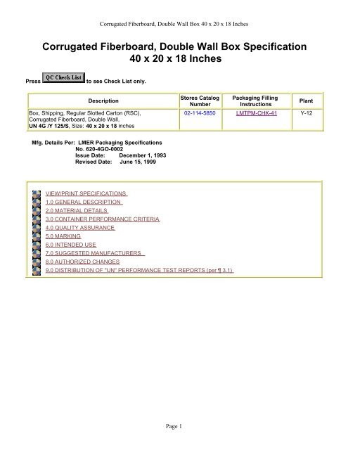 Corrugated Fiberboard, Double Wall Box Specification 40 x 20 x 18 ...