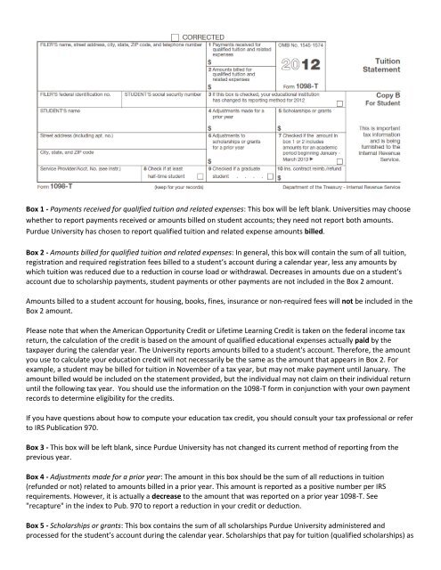 Explanation of boxes on 1098-T Form. - Purdue University