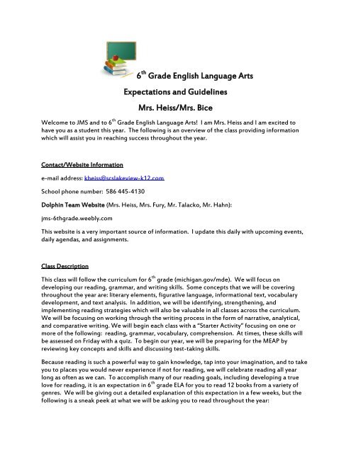 6th Grade English Language Arts - Lakeview Public Schools