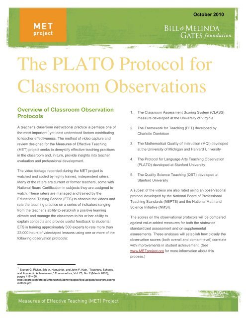 The PLATO Protocol for Classroom Observations - MET Project