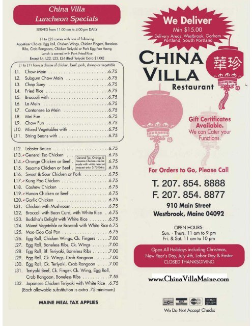 Printout Menu - china villa restaurant