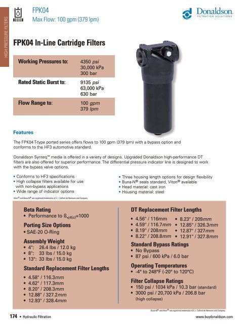 FPK04 In-Line Cartridge Filters - Donaldson Company, Inc.