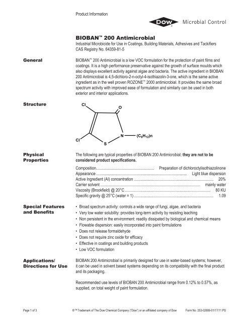 BIOBANÃ¢Â Â¢ 200 Antimicrobial - The Dow Chemical Company