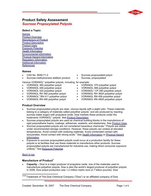 Product Safety Assessment Sucrose Propoxylated Polyols