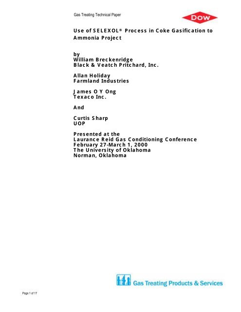 Use of SELEXOL® Process in Coke Gasification - The Dow ...