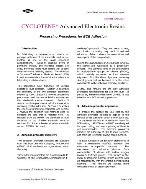 Processing Procedures for BCB Adhesion - The Dow Chemical ...
