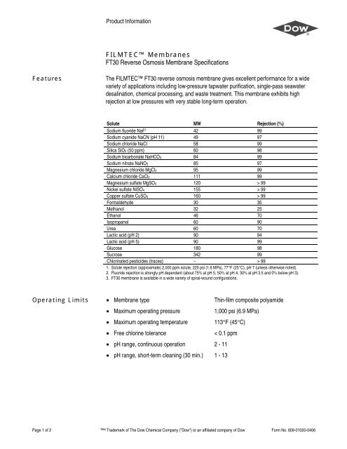 FILMTEC FT30 Reverse Osmosis Membrane Specifications