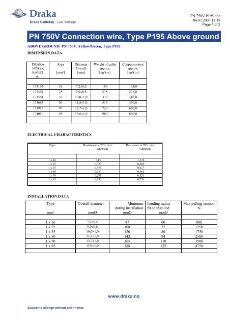 PN 750V Connection wire, Type P195 Above ... - Draka norsk kabel