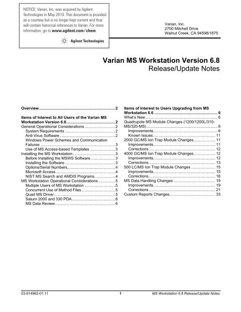 Varian MS Workstation Version 6.8 - Agilent Technologies