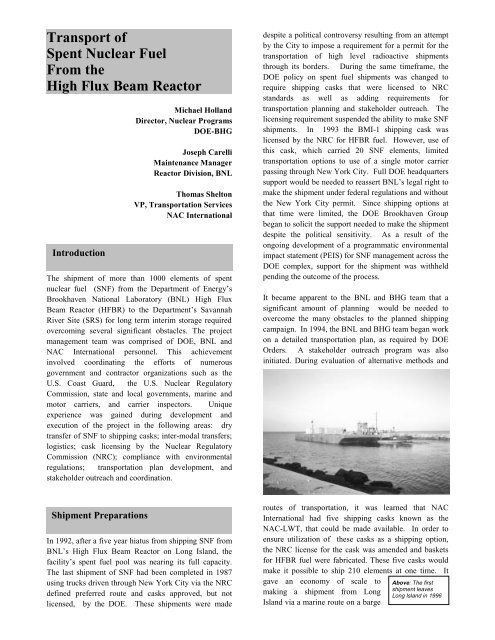 Transport of Spent Nuclear Fuel From the High Flux Beam ... - RERTR