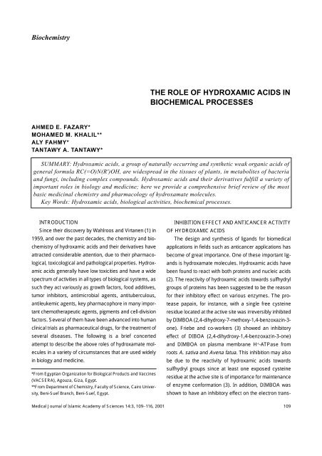 THE ROLE OF HYDROXAMIC ACIDS IN BIOCHEMICAL PROCESSES
