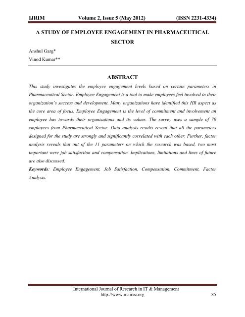 a study of employee engagement in pharmaceutical ... - mairec.org